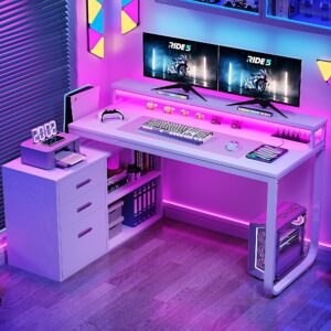 dwvo l shaped desk with drawers, 55" corner computer desk with power outlets & led lights, home office desk with file cabinet, white