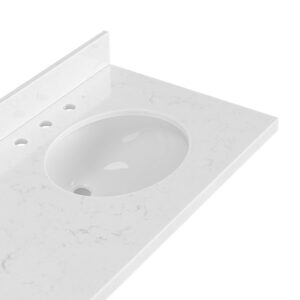 ARIEL 72 inch double bathroom vanity top with sink, 1.5 Inch Thick Miter Edge Carrara White Quartz top, Oval double sink vanity top, Includes Backsplash