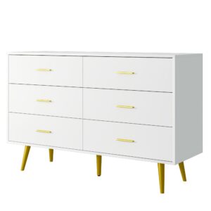 White Dresser for Bedroom, 6 Drawer Wood Dresser with Golden Handles, Modern Dressers & Chests of Storage Drawer for Entryway Hallway