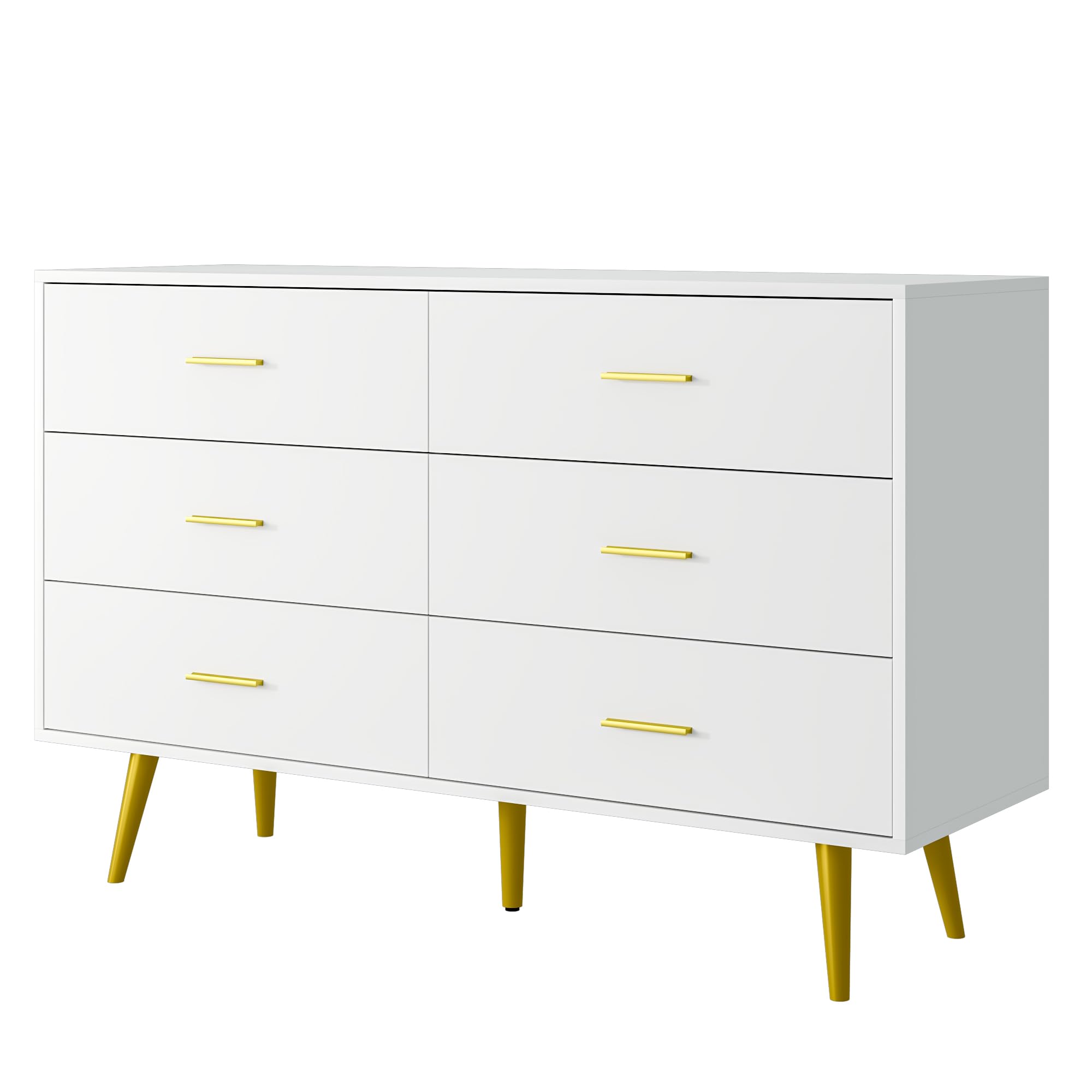 White Dresser for Bedroom, 6 Drawer Wood Dresser with Golden Handles, Modern Dressers & Chests of Storage Drawer for Entryway Hallway