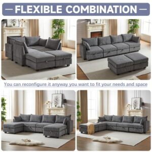 6 Seater Oversized Free Combination Convertible Modular Sectional Sofa, U / L Shaped Extra Large Corduroy Reversible Sleeper Corner Couch with Storage and Movable Ottomans for Living Room Apartment