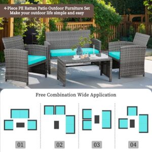 Shintenchi 4-Piece Outdoor Gray Wicker Patio Conversation Furniture Set, Rattan Patio Furniture Set with Weather Resistant Cushions and Tempered Glass Tabletop,Blue