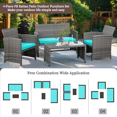 Shintenchi 4-Piece Outdoor Gray Wicker Patio Conversation Furniture Set, Rattan Patio Furniture Set with Weather Resistant Cushions and Tempered Glass Tabletop,Blue