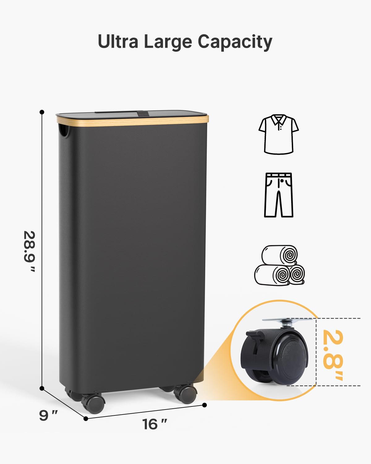 Slim Laundry Hamper with Wheels, 60L Rolling Laundry Basket with Lid and 2-Inch Silent Wheels, Small Clothes Hamper with Bamboo Handles for Clothes Toys in Dorm Bedroom Bathroom, Black