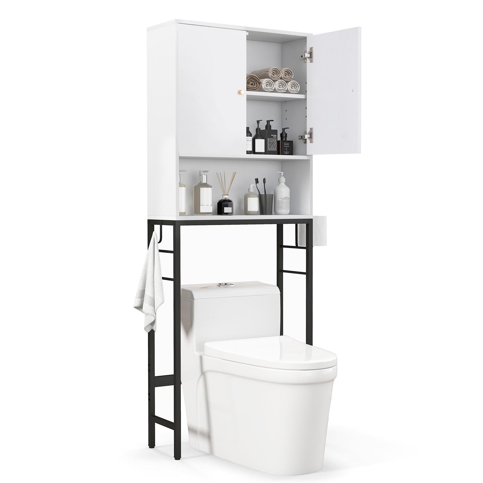 Byroce Over The Toilet Storage Cabinet, Toilet Shelf Rack Space Saver with Metal Frame, Adjustable Shelf & Open Compartment, Freestanding Over Toilet Bathroom Organizer for Toilet & Laundry Room