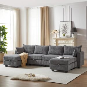 6 seater oversized free combination convertible modular sectional sofa, u / l shaped extra large corduroy reversible sleeper corner couch with storage and movable ottomans for living room apartment