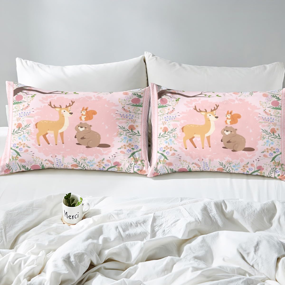 Erosebridal Floral Animal Toddler Kids Bedding Set - Cute Sika Deer Squirrel Comforter Set Twin Size for Teen Girls Woodland Animal Cartoon Fairytale Bed Comforter Set Safari Quilted Duvet Set 2Pcs