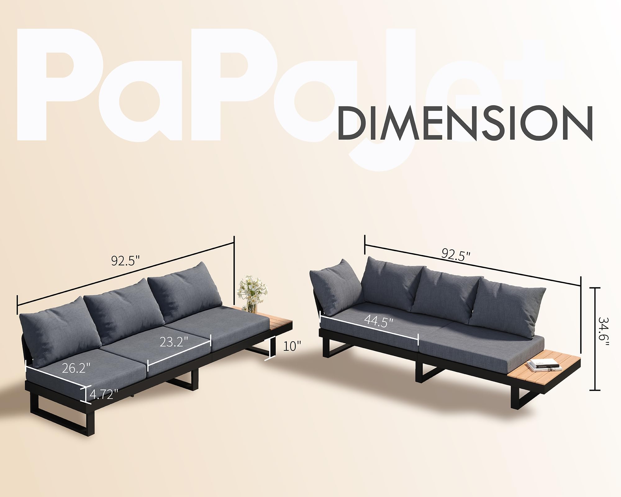 PaPaJet Aluminum Patio Conversation Set with Adjustable Backrest, 6 Piece Modern Outdoor Furniture Set with Wood Side Table for Backyard Poolside Porch, Gray