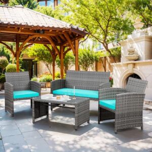 Shintenchi 4-Piece Outdoor Gray Wicker Patio Conversation Furniture Set, Rattan Patio Furniture Set with Weather Resistant Cushions and Tempered Glass Tabletop,Blue