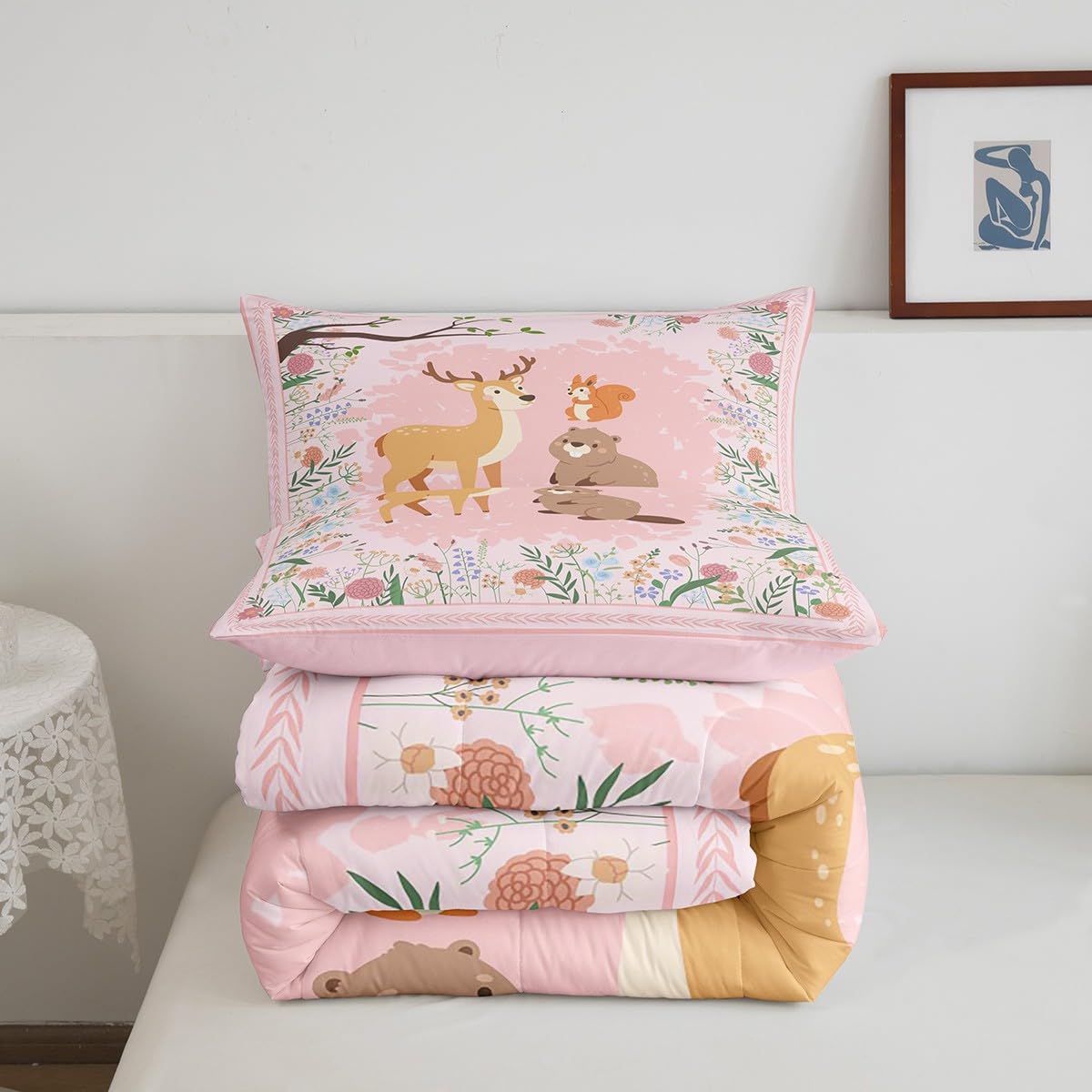 Erosebridal Floral Animal Toddler Kids Bedding Set - Cute Sika Deer Squirrel Comforter Set Twin Size for Teen Girls Woodland Animal Cartoon Fairytale Bed Comforter Set Safari Quilted Duvet Set 2Pcs