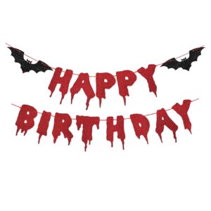 Red Glittery Happy Birthday Halloween Banner Halloween Hanging Paper Garland Bunting Banner Photo Backdrop Halloween Bloody Horror Movie Themed Birthday Party Decorations Supplies