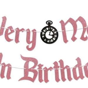 A Very Merry UnBirthday Banner, Wonderland Birthday Party Decorations for Girl, Funny Birthday Party Decor Rose Gold Glitter