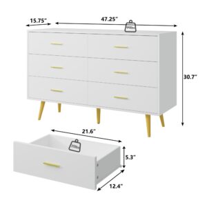 White Dresser for Bedroom, 6 Drawer Wood Dresser with Golden Handles, Modern Dressers & Chests of Storage Drawer for Entryway Hallway