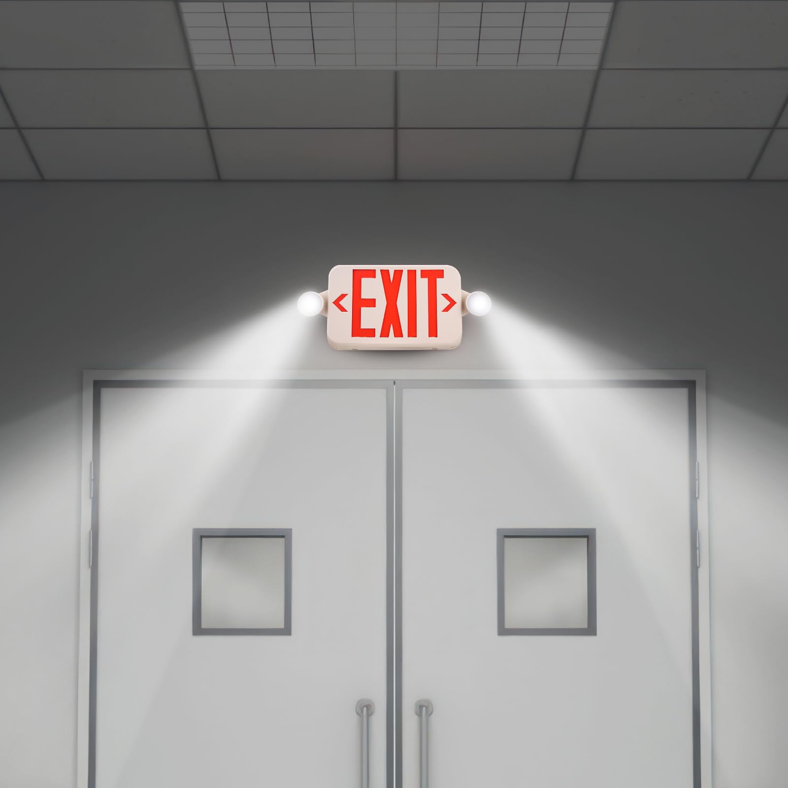 VEVOR LED Emergency Exit Sign, Dual Adjustable LED Heads, Battery-Backed Fire Exit Lighting, Red Letter Combo, Commercial Grade