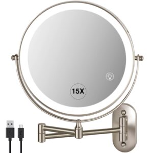 vorremirr magnifying mirror with lights 1x/15x: 8.5" double sided wall mounted lighted makeup mirror for bathroom, 3 color lights & 360°swivel vanity mirror, brushed nickel