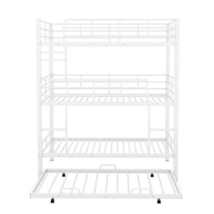 Harper & Bright Designs White Triple Bunk Bed with Trundle, Twin Over Twin Bunk Beds, Metal Quad Bunk Beds, 3 Bunk Beds with 2 Ladders & Guardrails, Convertible Heavy Duty Steel Frame