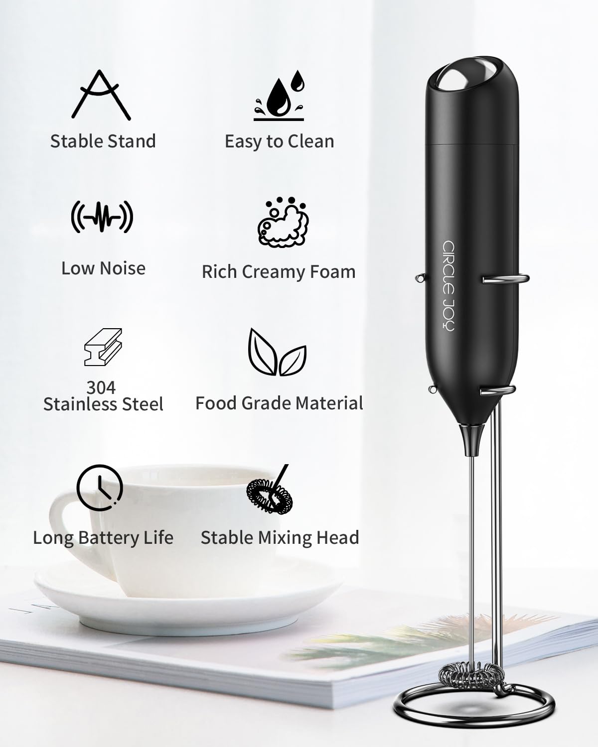 CIRCLE JOY Milk Frother Hanheld with Stand, Electric Coffee Frother, Battery Operated Hand Frother Wand Drink Mixer Mini Foamer for Matcha Lattes Cappuccino, Kitchen Gifts, Black