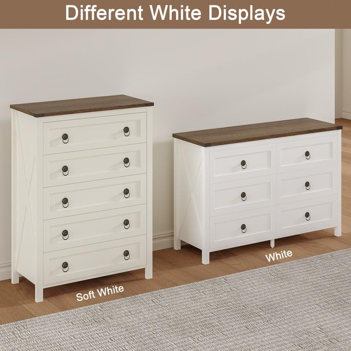 ChooChoo Farmhouse 6 Drawer Dresser, White Dresser for Bedroom, Wide Dressers & Chests of Drawers for Entryway, Hallway