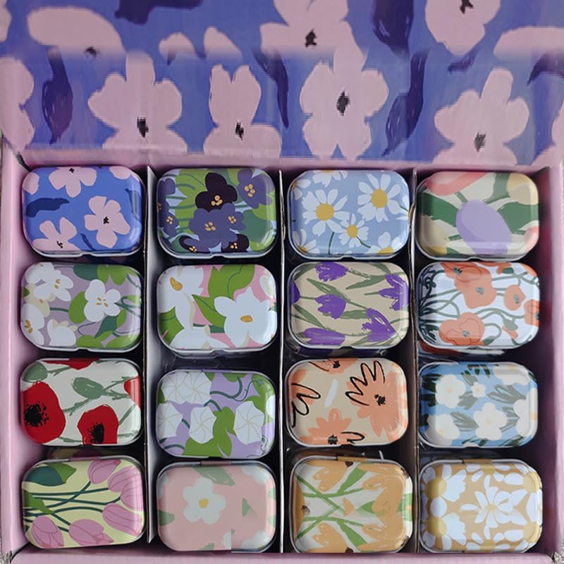 CCUUHJ 32 Pack Metal Hinged Tin Box Container Mini Floral Daisy Tulips Pattern Portable Small Storage Container Kit with Lid for Home Storage Craft Organize 2.2x1.5x1 Inch (A)