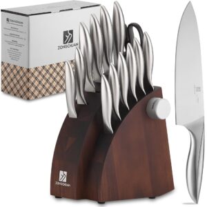 zongchuan 15-piece knife sets,ultra-smooth cutting professional grade sharp,one-piece 50cr15mov stainless steel kitchen knife block set with sharpener,handle ergonomic design,dishwasher safe