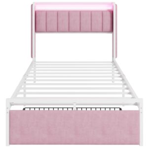 LIKIMIO Twin Size Bed Frame with Armrests Headboard & RGB Light, Upholstered Twin Size Bed Platform with Drawers, No Box Spring Needed, Study & No Noise, Modern Pink