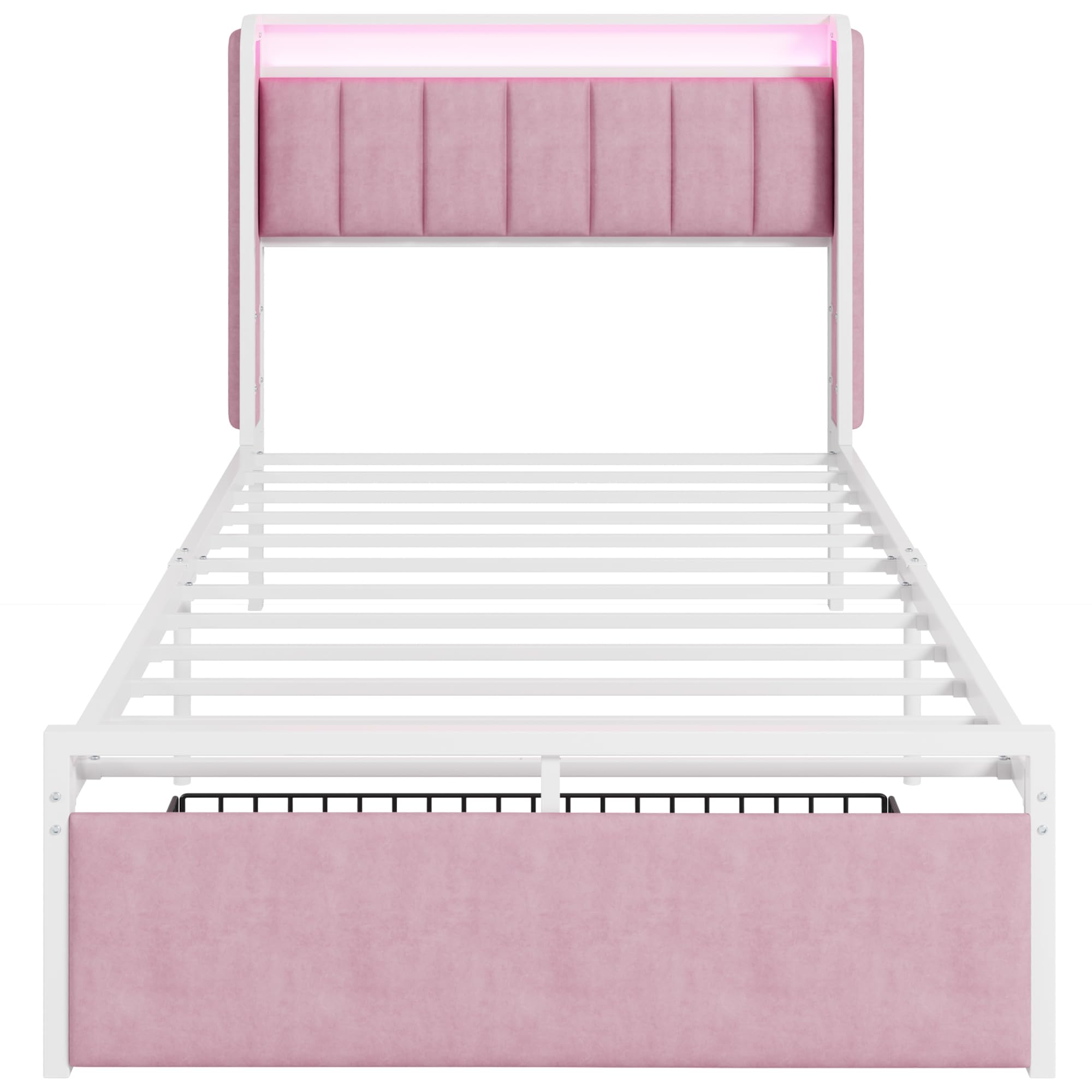 LIKIMIO Twin Size Bed Frame with Armrests Headboard & RGB Light, Upholstered Twin Size Bed Platform with Drawers, No Box Spring Needed, Study & No Noise, Modern Pink