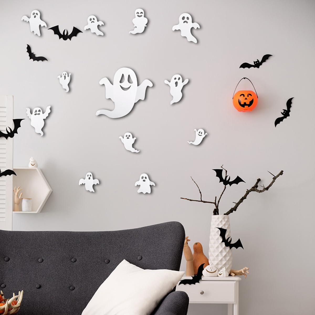 Ghost Wall Decor Stickers Halloween Wall Stickers Black Bat Spider White Ghost Wall Decoration Reusable Cute Ghost Wall Decals Holiday Wall Stickers for Room Home DIY Decor Charms 34Pcs