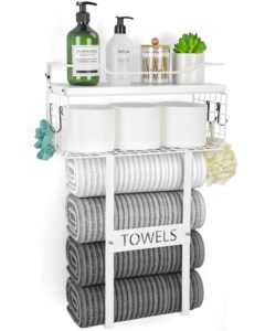 towel racks for bathroom wall mounted - bath wall towel holder set above toilet storage, rolled towel shelf organizer for small bathroom all white, wood vertical towel rack for bathroom wall decor