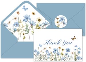 whaline 24pcs blue wildflower thank you cards with envelopes and stickers dusty blue flower greeting cards floral blank note cards for wedding bridal baby shower