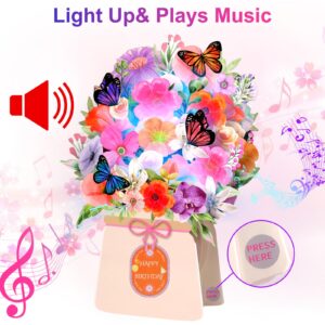 Yinqing Birthday Cards, Light and Music Happy Birthday Card, Lily and Butterflies, 10 Inch Life Sized Forever Flower Bouquet 3D Pop Up Birthday Gift Card for Women Wife Mom Daughter Sister