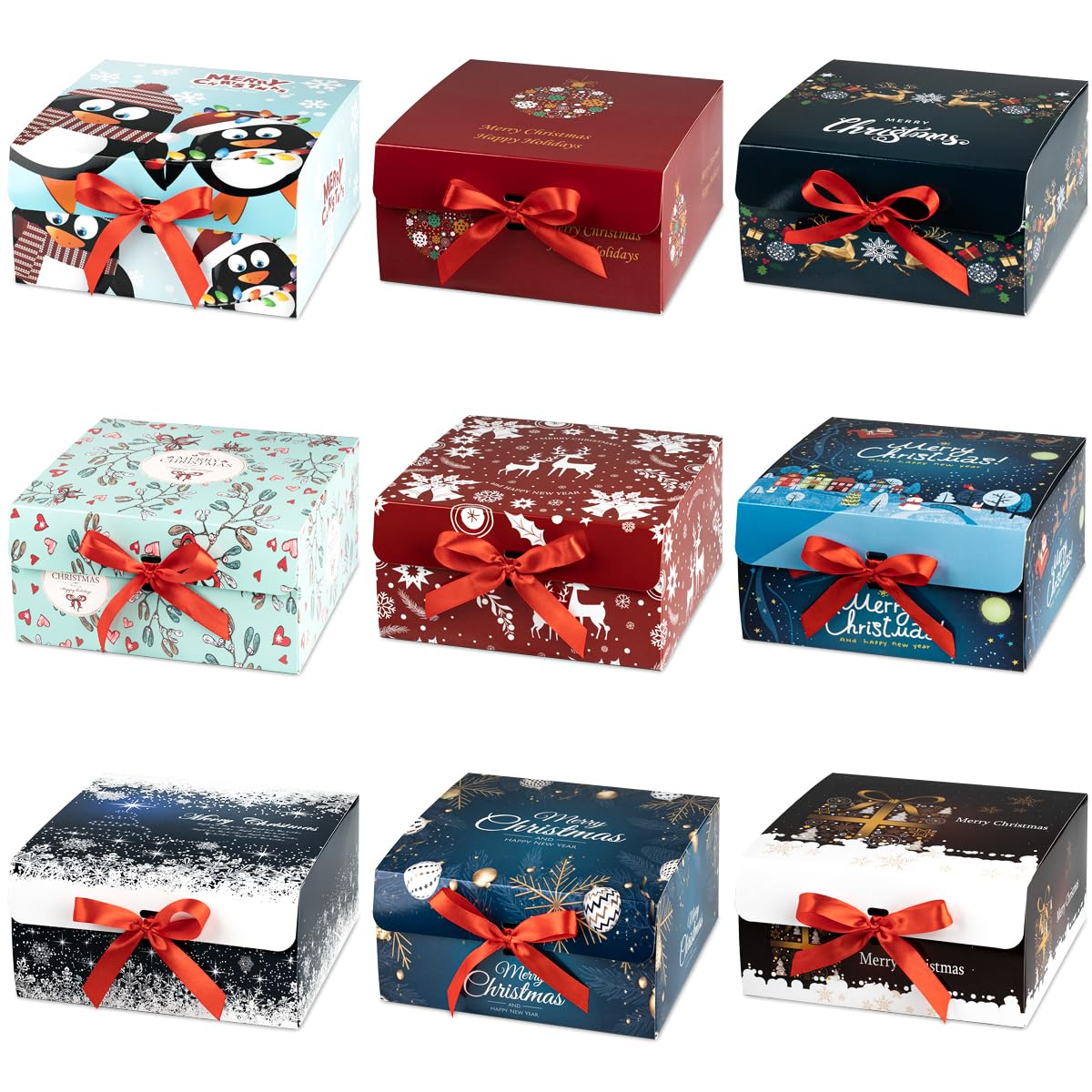 ARTLYMERS Christmas Gift Boxes with Lids, 9 Pack Gift Boxes and Red Ribbon Christmas Themed Pattern Small Gift Boxes for Christmas Presents Gifts Easy Assemble