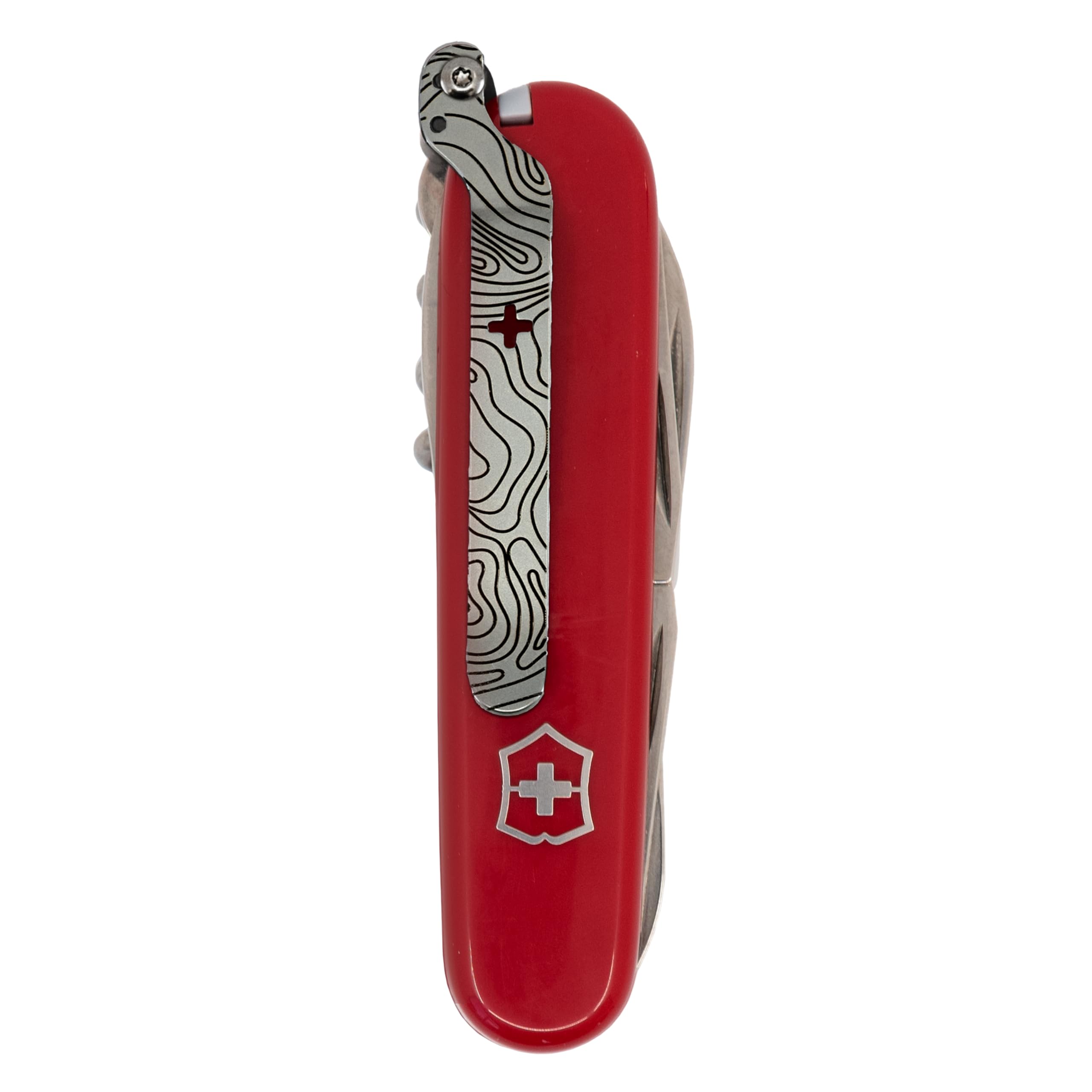 SwissKarry Clip Compatible with most 91mm Victorinox Swiss Army Knife Models. 5 Custom Designs for a Personalised Pocket Knife. Be Ready for the Unexpected. Stainless Steel Tough. ‘Topo Matte’