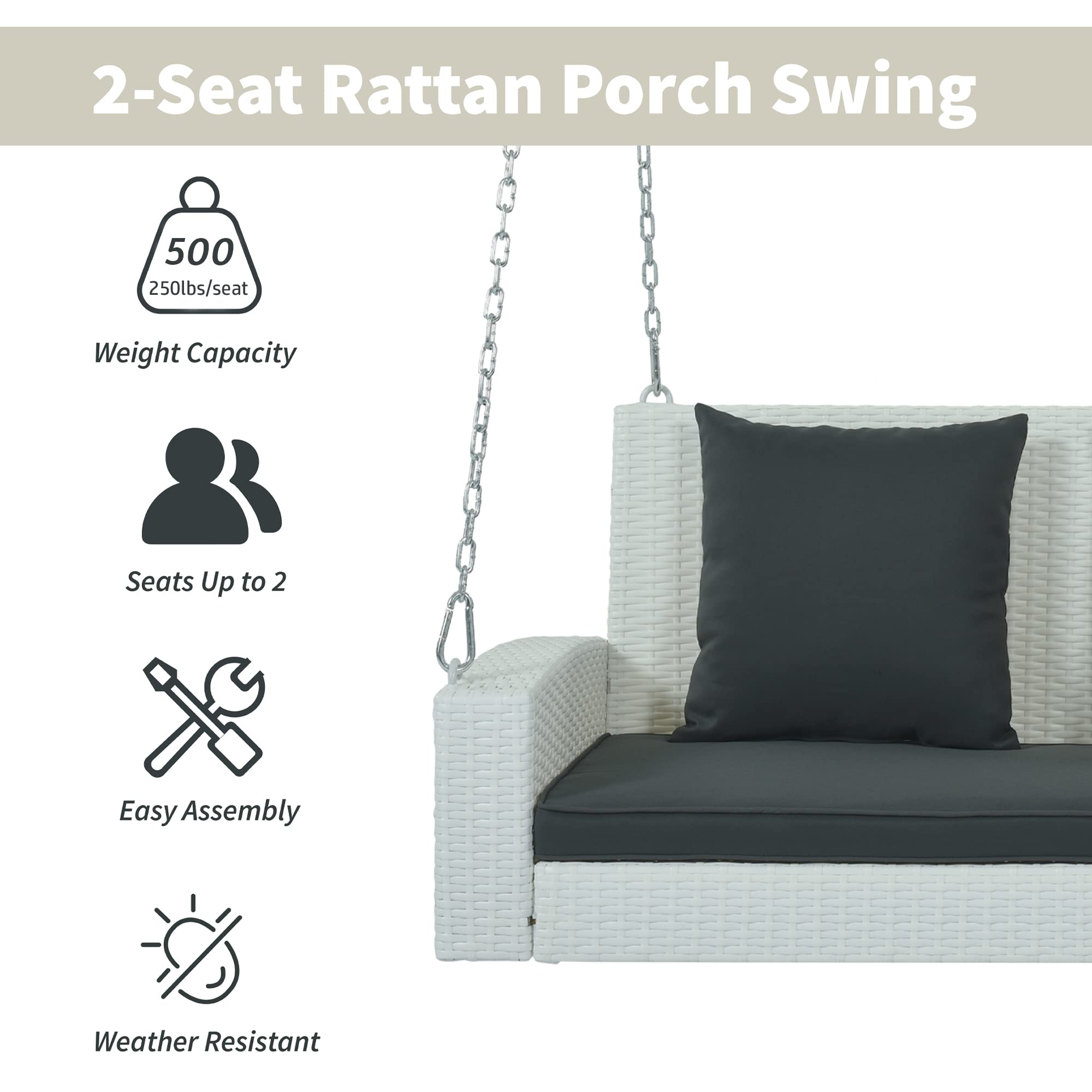 Merax 2-Person Wicker Hanging Porch Swing with Chains, Cushion, Pillow, Rattan Swing Bench for Garden, Backyard, Pond (White Wicker, Gray Cushion)