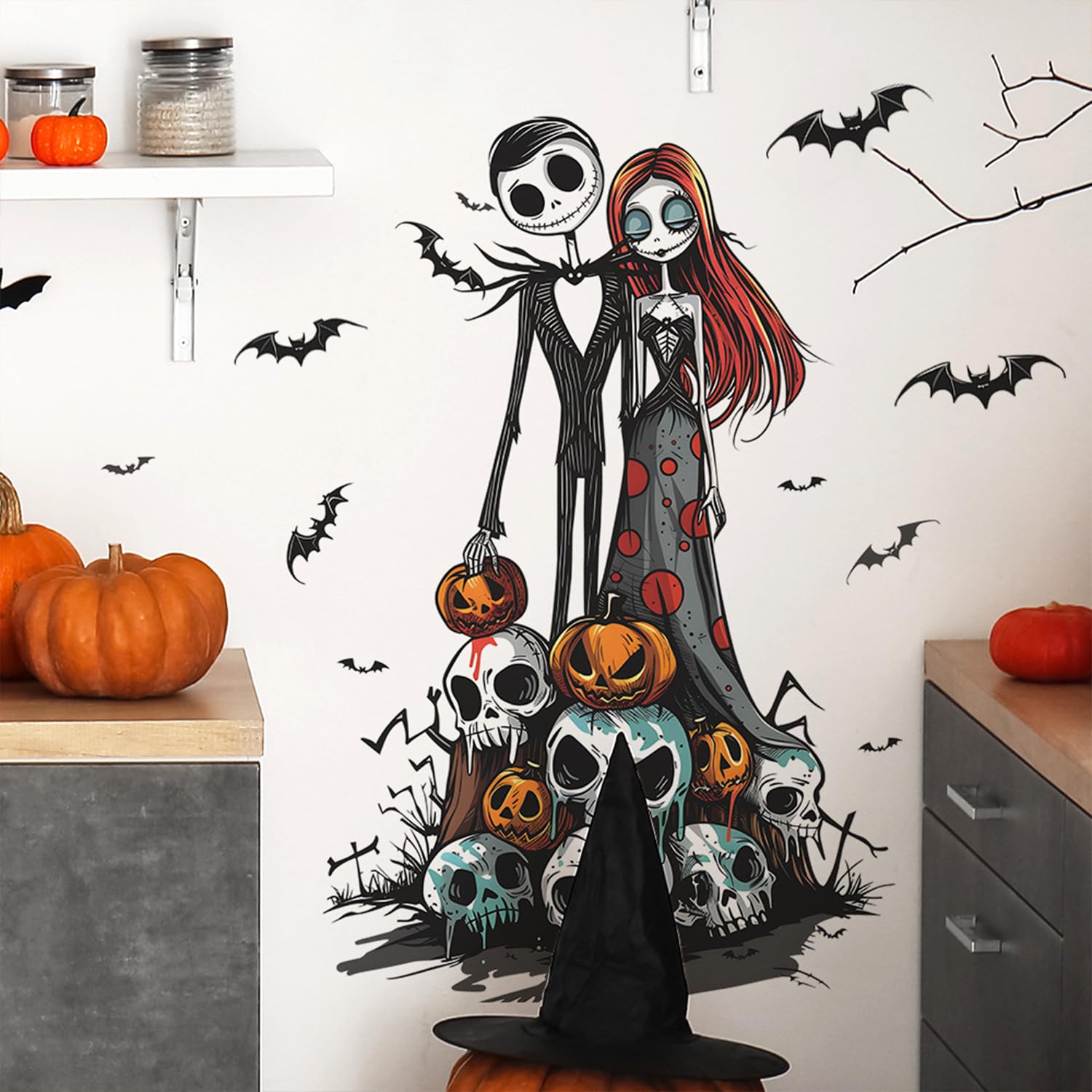 Generic Nightmare Before Christmas Wall Stickers Decals Horror Halloween Decoration Bat Pumpkin Skull Wall Clings for Halloween Party Home Office Classroom Wall DIY Wall Art Stickers Supplies, WW-173