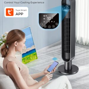 Azonanor Tower Fan for Bedroom, 90° Oscillating Standing Bladeless Fan with Remote, 12H Timer, 3 Speeds Max 28ft/s, 3 Modes, LED Display Floor Fans Works with Tuya/Smart Lift