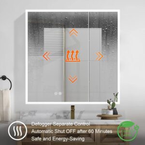 WELLFOR 30" X 30" Medicine Cabinet with Lights, 3X Magnification, Double Opening Door, Anti-Fog, Medicine Cabinet with Mirror, Bathroom Vanity Medicine Cabinet with Outlets & USB Ports