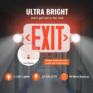 VEVOR LED Emergency Exit Sign, Dual Adjustable LED Heads, Battery-Backed Fire Exit Lighting, Red Letter Combo, Commercial Grade