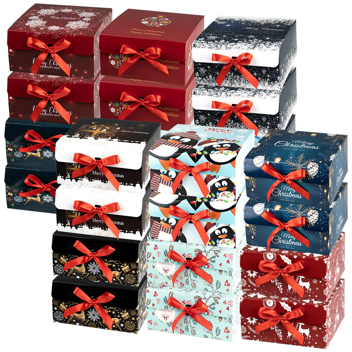 ARTLYMERS Christmas Gift Boxes with Lids, 24 Pack Gift Boxes and Red Ribbon Christmas Themed Pattern Small Gift Boxes for Christmas Presents Gifts Easy Assemble