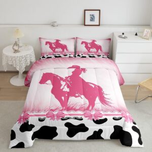 Erosebridal Cowgirl Western Bed in a Bag Queen Comforter Set 7 Piece,Pink Cowhide Bedding Sets Black and White Cow Print Sheet Set with Comforter Cowboys Gifts for Women,Horse Gifts for Girls