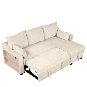 LUMISOL 90" Convertible L Shaped Sofa with Pull Out Bed, Chenille Sectional Sofa Bed with Reversible Chaise, Convertible Sleeper Sofa Couch with USB Ports and Cabinet Armrests, Beige