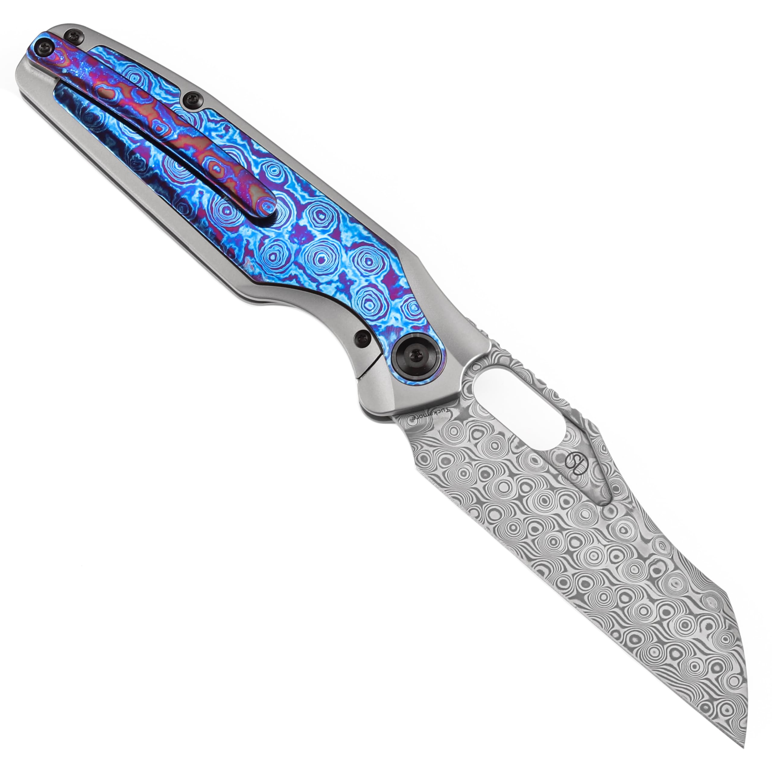 KANSEPT Tuckamore Camping Pocket Knives for Men 8.12in Folding Pocket Knives with 3.54in Damascus Material and Titanium Timascus Timascus Clip Handle for Outdoor, Tactical, Survival K1052A7