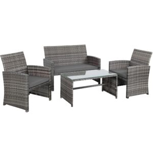 shintenchi 4-piece outdoor gray wicker patio conversation furniture set, rattan patio furniture set with weather resistant cushions and tempered glass tabletop,grey