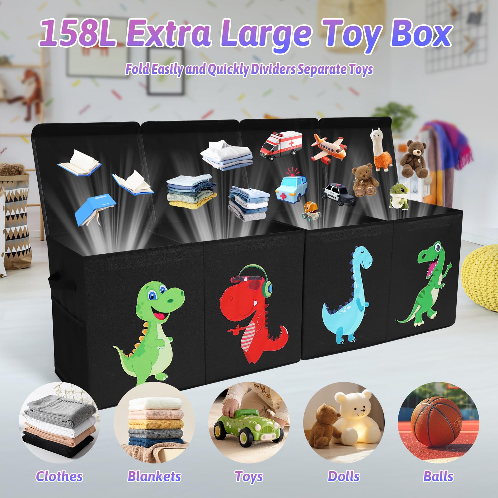 Extra Large Toy Box Chest for Kids Organizer, Collapsible Toy Storage Bins with Magnetic Lid, Dinosaur Toy Box for Living Room, Playroom, Bedroom, Nursery, 51.96"x11.81"x15.75", Black