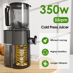 Cold Press Juicer, 5.81" 80oz Feed Chute Juicer, 350w Slow Masticating Juicer with 42oz Integrated Pulp Cup, Juicer Machines for Whole Vegetables and Fruits