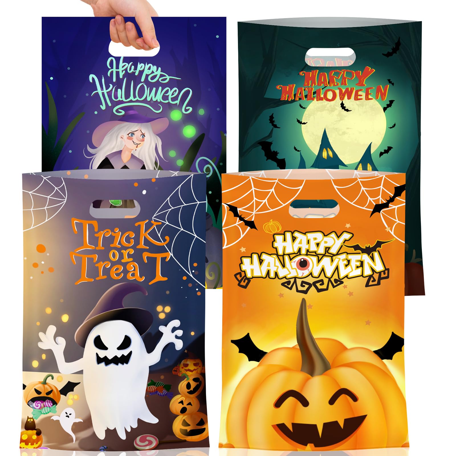 50 Pcs Halloween Goodie Bags with Handles - Happy Halloween Treat Bags, Trick or Treat Gift Bag Bulk, Plastic Halloween Tote Candy Goody Favor Bags for Kids Halloween Party Decorations Favors Supplies