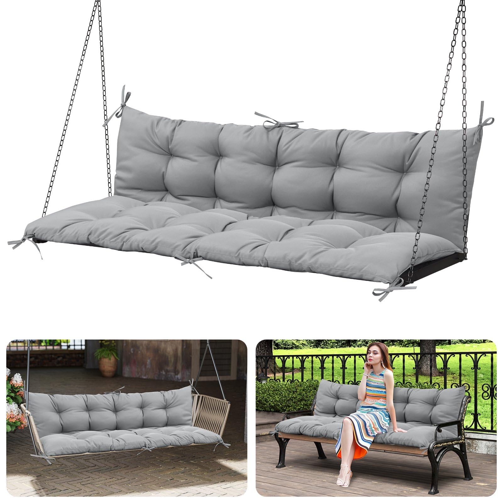 Crestlive Products Outdoor Porch Swing Cushion 60 Inch, Thicker 5" 2-3 Seater Waterproof Outdoor Furniture Cushion Replacement with Fixed Straps for Patio, Lawn, Outdoor, Backyard, Garden