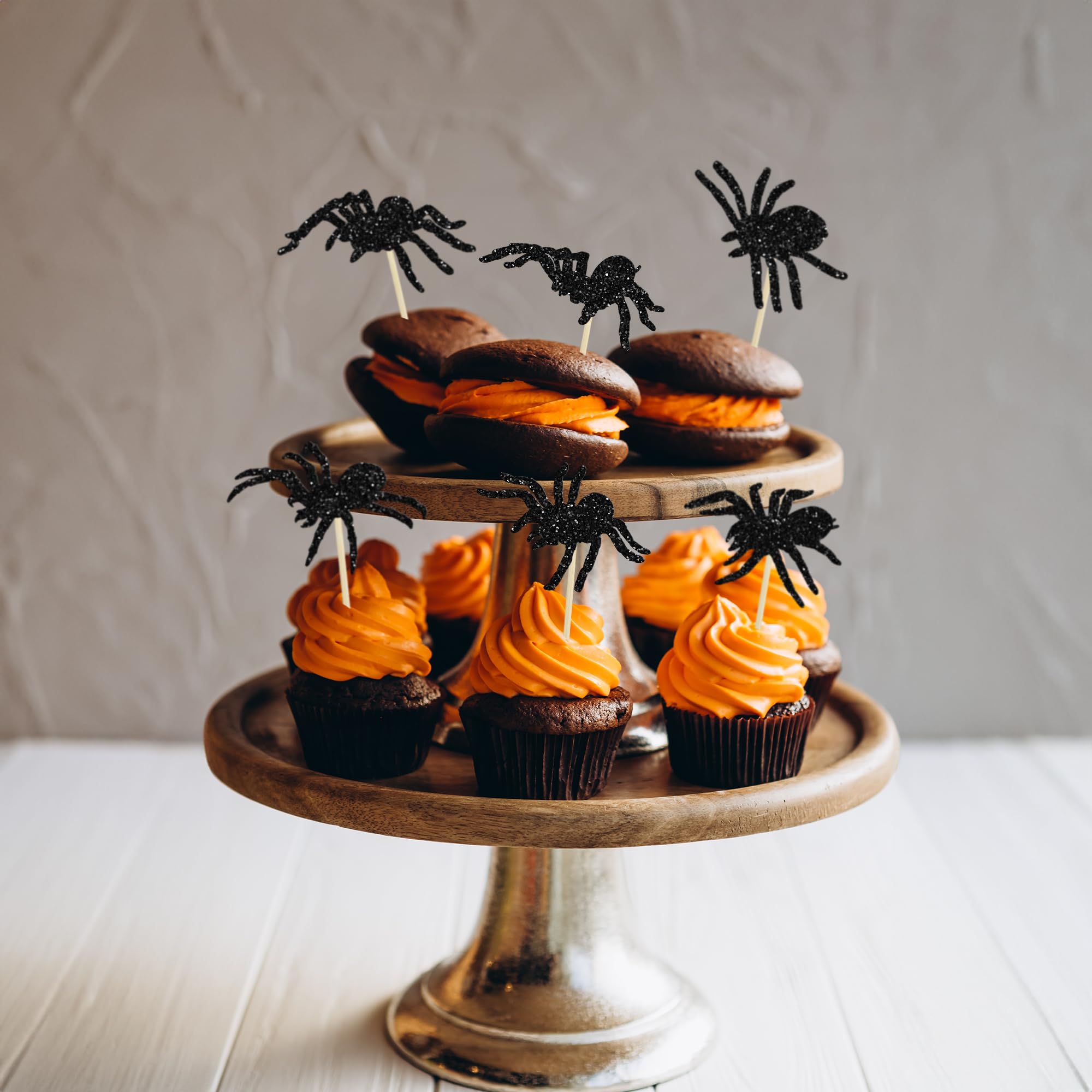 Gyufise 24Pcs Halloween Spider Cupcake Toppers Glitter Black Spider Cupcake Picks Halloween Cupcake Decorations for Halloween Theme Baby Shower Birthday Party Cake Decorations Supplies