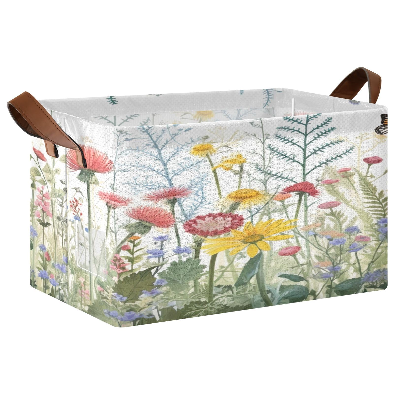 ATTX Wildflowers Butterfly Storage Baskets,Large Decorative Collapsible Rectangular Waterproof Fabric Storage Bin for Home Office(16.9x11.4x10inch,1 Pack) #677