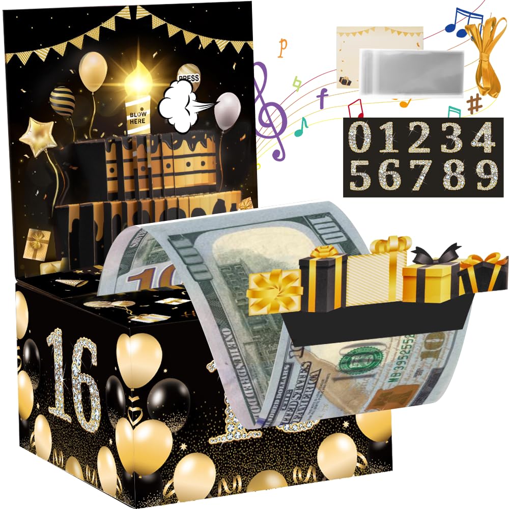 Money Box for Cash Gift, Birthday Money Pull Box, Happy Birthday Gift Card with Music Light 30 Bags DIY Sticker 13th 16th 18th 21th Any Age, Birthday Decorations Cash Gift Ideas for Girls Boys Adults