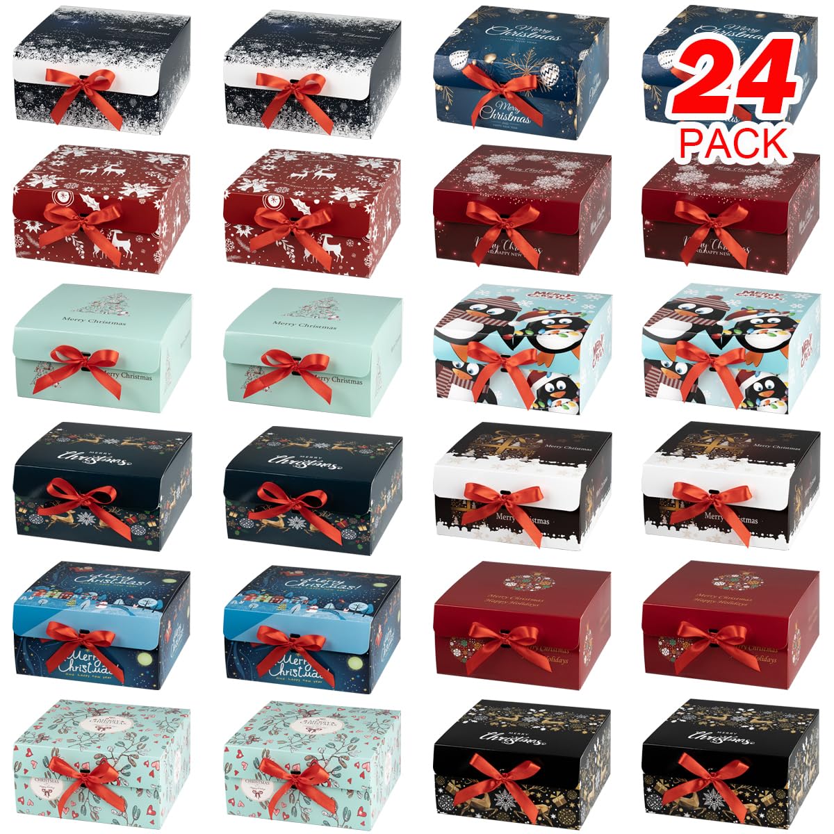 ARTLYMERS Christmas Gift Boxes with Lids, 24 Pack Gift Boxes and Red Ribbon Christmas Themed Pattern Small Gift Boxes for Christmas Presents Gifts Easy Assemble